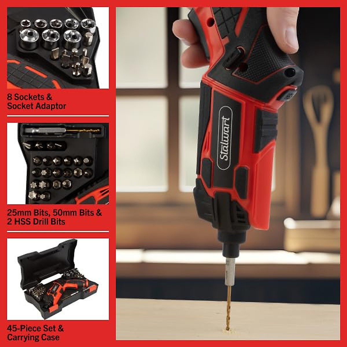 4V Electric Screwdriver 45-Piece Set - Rechargeable Cordless 4.5Nm 250RPM Screw Gun with Dual Position Grip and LED Light by Stalwart (Red)