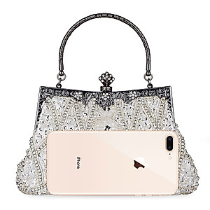 Fashion Vintage Style Handbag Beaded Sequined Evening Bag Wedding Party Handbag Rhinestone Clutch Purse (Silver)