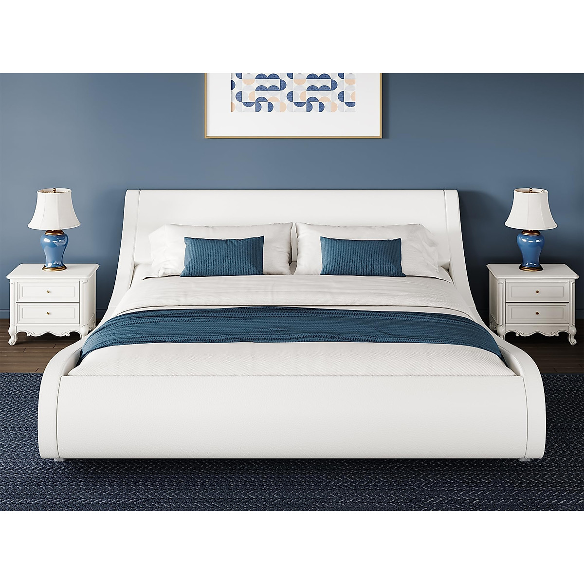 WEEWAY Modern Queen Size Upholstered Platform Bed Frame, Faux Leather Sleigh Bed with Adjustable Headboard, Strong Wood Slats Support, No Box Spring Needed, White