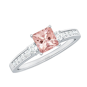Certified Morganite 5 mm Princess Cut Engagement Ring, AAA Quality, Natural Peach Morganite Diamond Ring (With Jewelry Box), 14K White Gold, Size:US 5.00