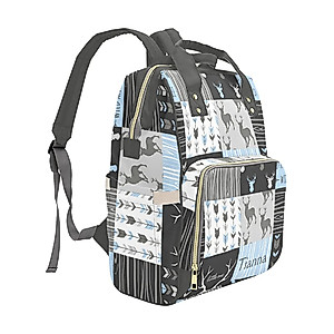 XOZOTY Deer Elk Antlers Feather Arrow Patchwork Diaper Bags with Name Waterproof Mummy Backpack Nappy Nursing Baby Bags Gifts Tote Bag for Women