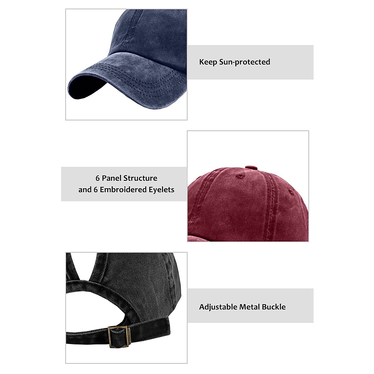 ZEXIAN 3 Pack Womens Vintage Washed Distressed Baseball-Cap with Ponytail Hole Sport Golf Hat (Black+Denim Blue+Burgundy)