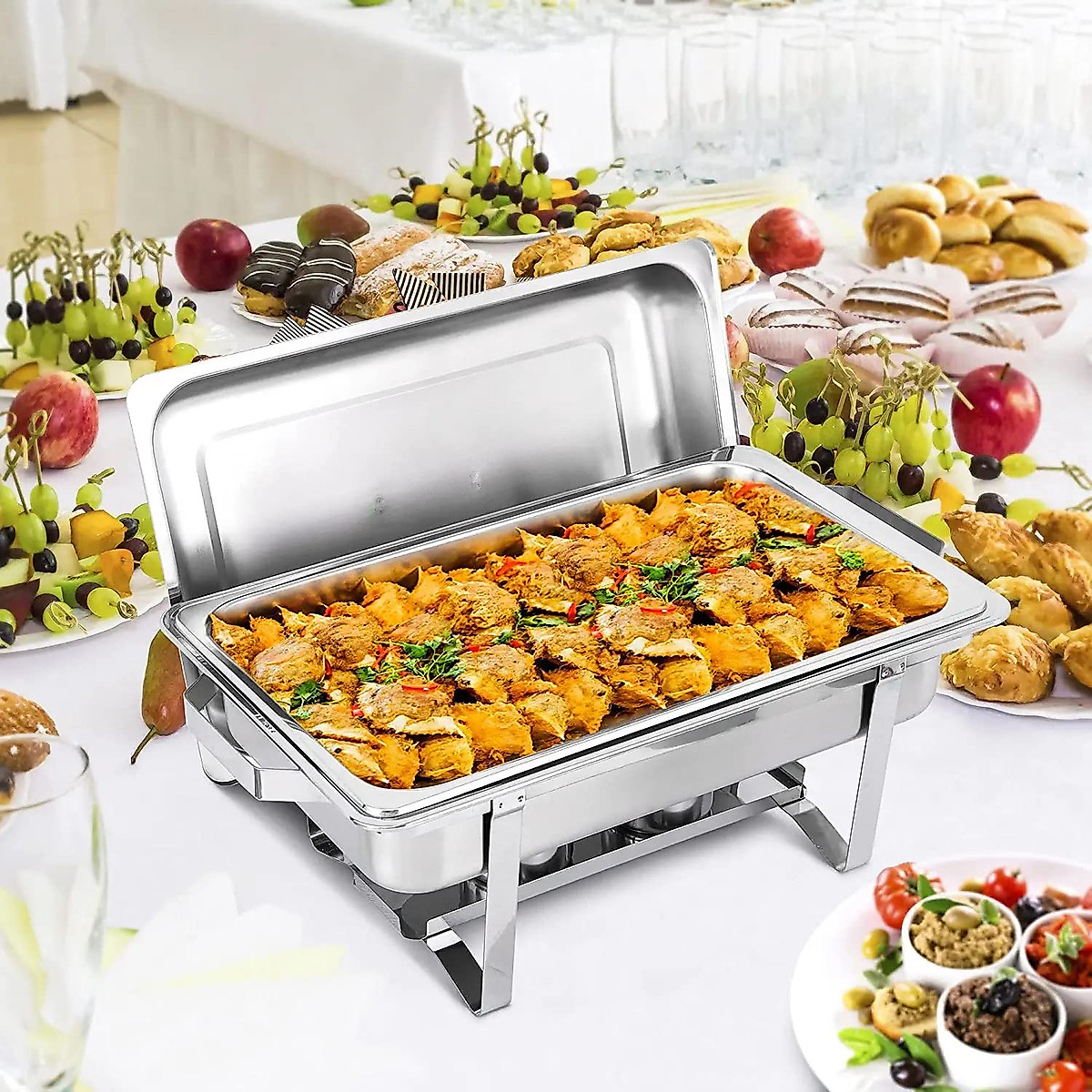 HONHPD Upgrade 8 Qt 4 Pack Full Size Stainless Steel Chafing Dishes Buffet Set,Silver Rectangular Catering Chafer Warmer Set with Trays Pan Lid Folding Frame for Kitchen Party Banquet Dining,Thickened