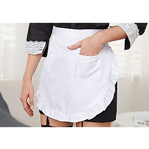 KUOIN Waist Apron Bonnet Set Colonial Apron Cap Ruffle Retro Maid Hat Apron With Pockets Cooking Costume (white)