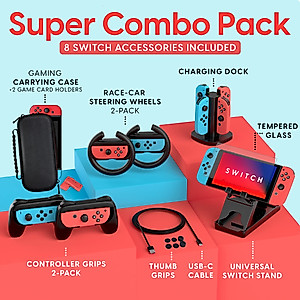 TalkWorks Super Combo Pack Accessories for Nintendo Switch - 2 Grips, 2 Wheel Controller Grips, 2 Game Card Holders, 1 Charging Dock, Thumb Grips, USB-C Cable, Switch Stand, Screen Protector