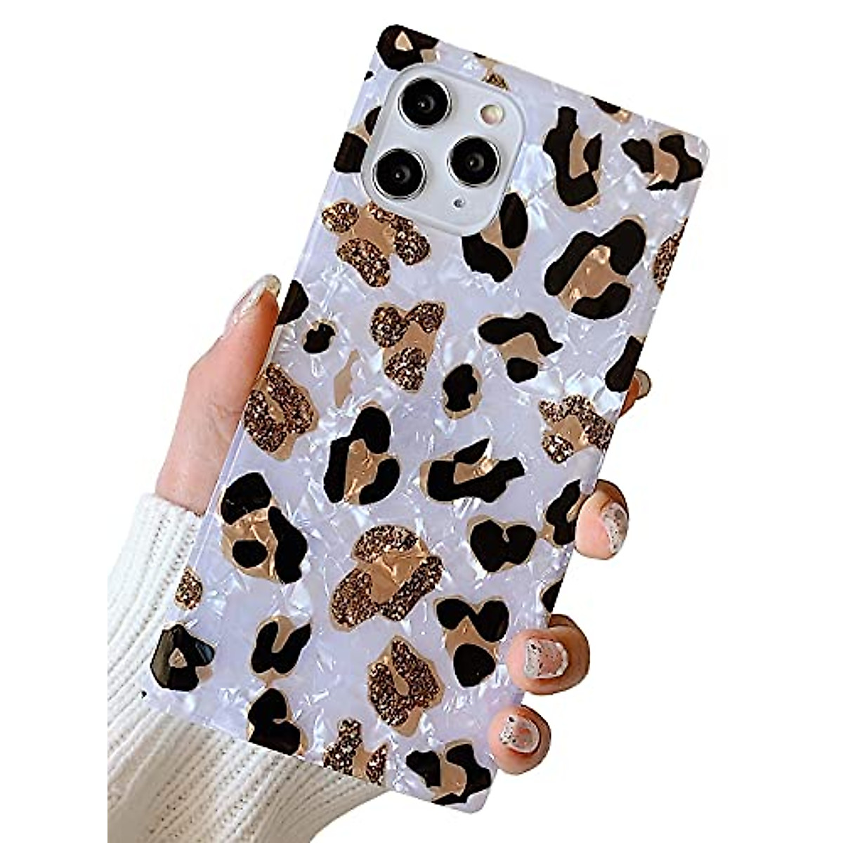 KERZZIL Luxury Sparkle Leopard Pattern iPhone 11 Pro Max Square Case, Slim Golden Glitter Translucent Soft TPU Silicone Protective Bumper Cases Cover Compatible with iPhone 11 Promax 6.5-inch(White)