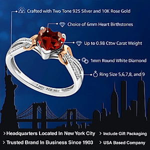 Gem Stone King 925 Silver and 10K Rose Gold 6MM Heart Shape Gemstone Birthstone and Diamond Engagement Ring | Wedding Anniversary Promise Ring For Women | Available In Size 5, 6, 7, 8, 9