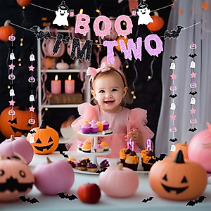 Fiesec Boo I’m Two Decor Birthday Girl, Two Spooky Birthday Decorations Girl, Halloween 2nd Birthday Theme Pink Purple Balloon Garland Arch Kit Banner Cake Topper Ghost Bat