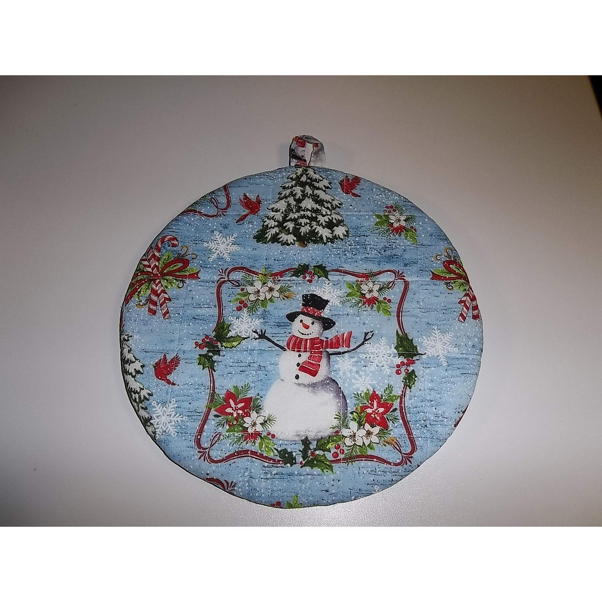 Christmas Pot Holders Snowman on Blue Handmade Heat Resistant Double Insulated Quilted Hot Pads 9 Inches Round