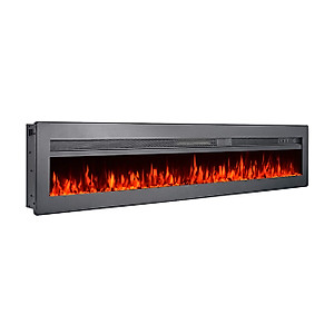GMHome 60 Inches Wall Recessed Electric Fireplace 9 Changeable Color Realistic Crystal Stone Flame Heater, with Remote, 1500W, Metal Panel - Black