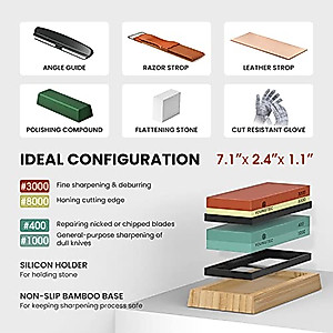 Professional Knife Sharpening Stone Kit – 400/1000 and 3000/8000 Grit Whetstone, Chef Knife Sharpener Knife Sharpener Stone-Includes Bamboo Base, Flattening Stone, Leather Strop & Angle Guide