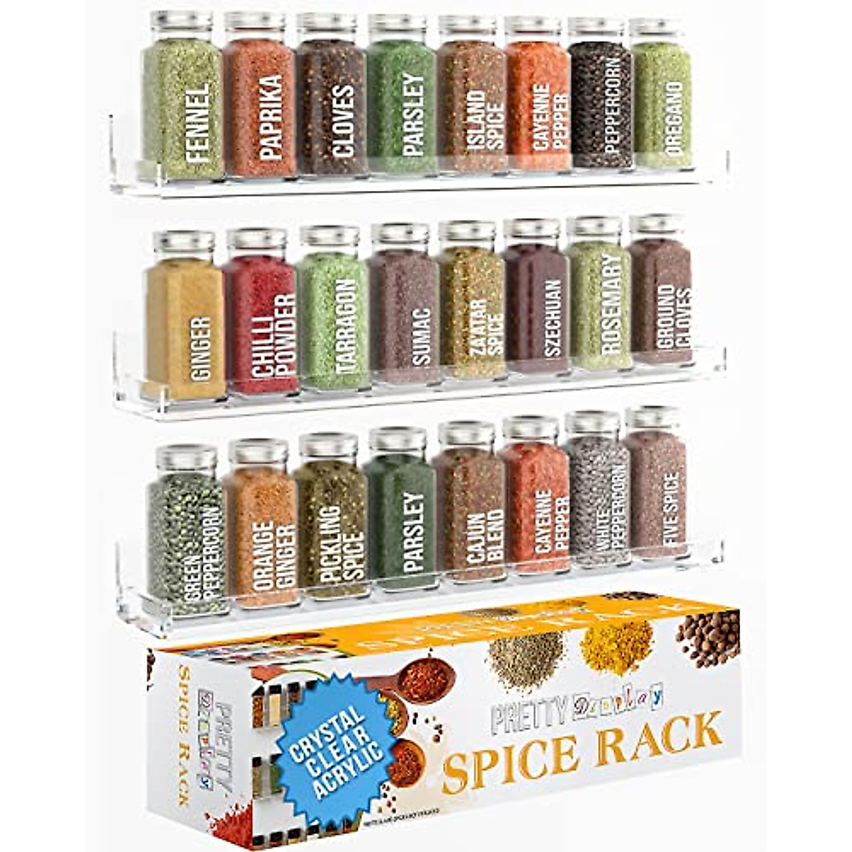 Pretty Display Spice Rack Wall Mount Crystal Clear Acrylic Spice Rack Organizer [3 Pack] Strong & Secure Shelf Design with Front & Ends -Easy to Install- 15” Customizable Wall Mounted Spice Shelves