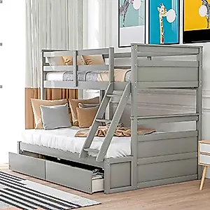 ATY Twin Over Full Bunk Bed with 2 Storage Drawers, Wooden Bedframe w/Ladder & Safety Guardrail, Can be Divided into 2Beds, Save Space, for Bedroom, Guestroom, Dorm,No Box Spring Needed, Gray