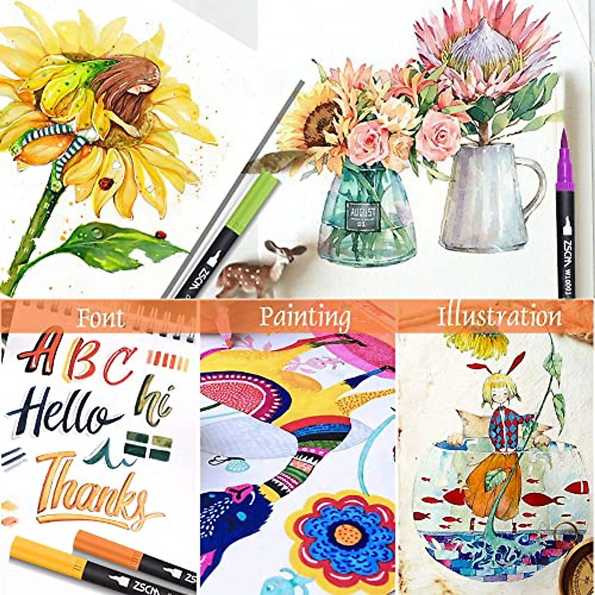 ZSCM 32 Colors Duo Tip Brush Markers Art Pen Set, Artist Fine and Brush Tip Colored Pens, for Kids Adult Coloring Books Christmas Cards Drawing, Note taking Lettering Calligraphy Bullet Journaling