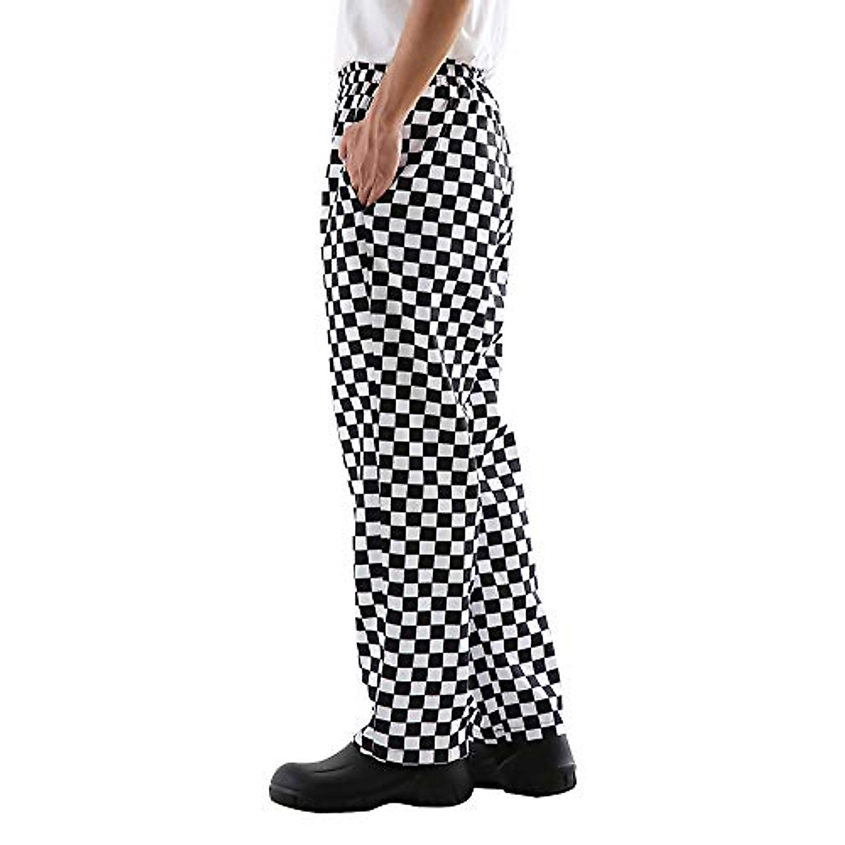 Men’s Black and White Checkerboard Print Chef Pants with Elastic Waist Drawstring Baggy Chef Uniforms Blackwhite XXL