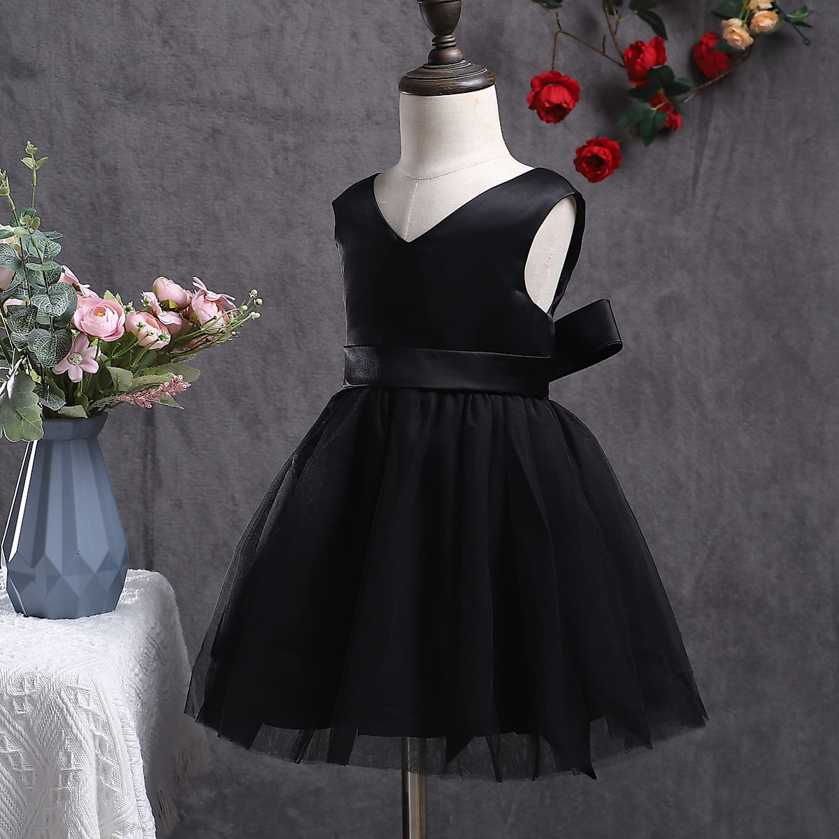 TENTIDE Baby Girl Black Dress Wedding Sleeveless V Neck A-line Bridesmaid Party Dresses Princess Tulle Ball Gown (Black,6-12 Month)