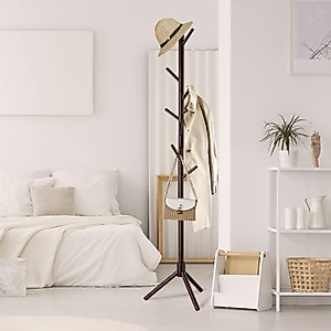 YOFU Coat Rack Sturdy Wooden Coat Rack Stand, Adjustable Coat Tree, Free Standing Tree Hanger with 3 Sections & 8 Hooks, for Home, Office, Bedroom, Entryways (Dark Walnut)