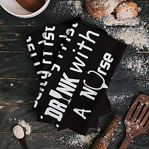 Cotton Kitchen Towels Dishcloth Nurse Cap Safety Frist Drink with a Nurse Black Absorbent Kitchen Dish Towels-Reusable Cleaning Cloths for Kitchen,Tea Towels/Bar Towels/Hand Towels,18x28inch 3 Pack