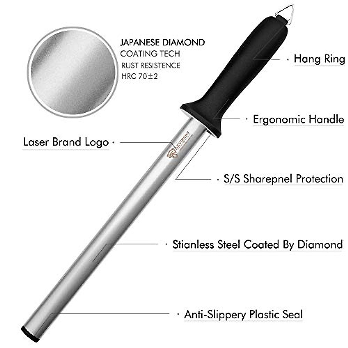 LEVINCHY Diamond Knife Sharpening Steel 12 inch, Professional Diamond coating Honing Steel, Premium Diamond Knife Sharpener Rod for all knives, Lightweight & Durable
