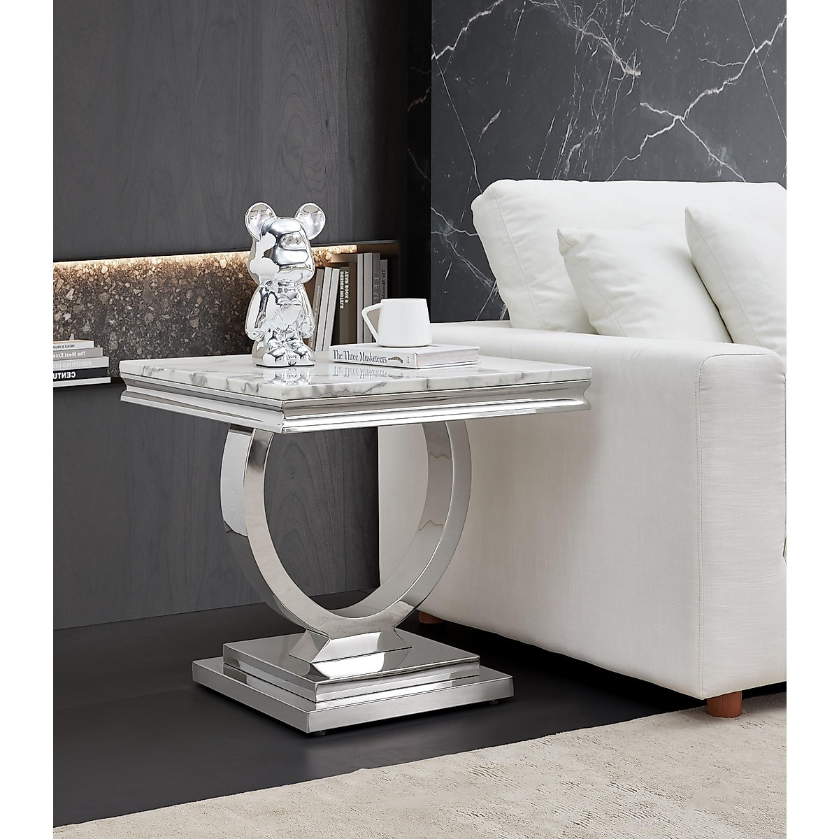 Mid-Century Modern White Marble End Table w/Silver U-Shaped Stainless Steel Base Night Stand Square End Table for Living Room Luxury Sofa Side Table witn High Glossy Finish