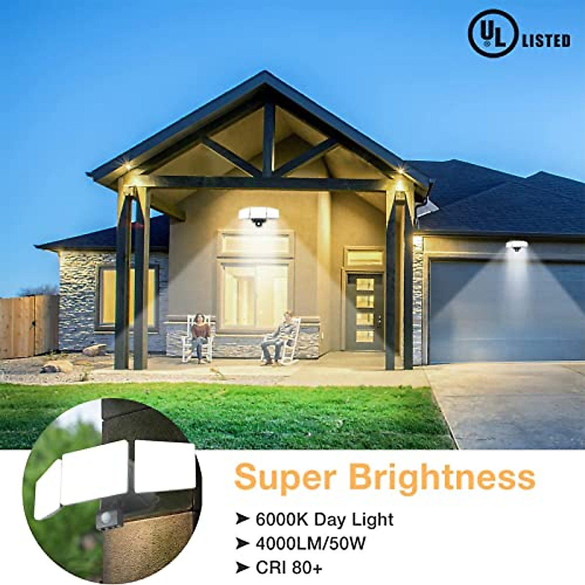 DLLT 50W Security Lights Motion Outdoor, LED Flood Light Fixture with 3 Adjustable Heads, IP65 Waterproof, 6000K Daylight Super Bright Exterior Lights Wall Mounted for Garage, Yard, Porch, Garden