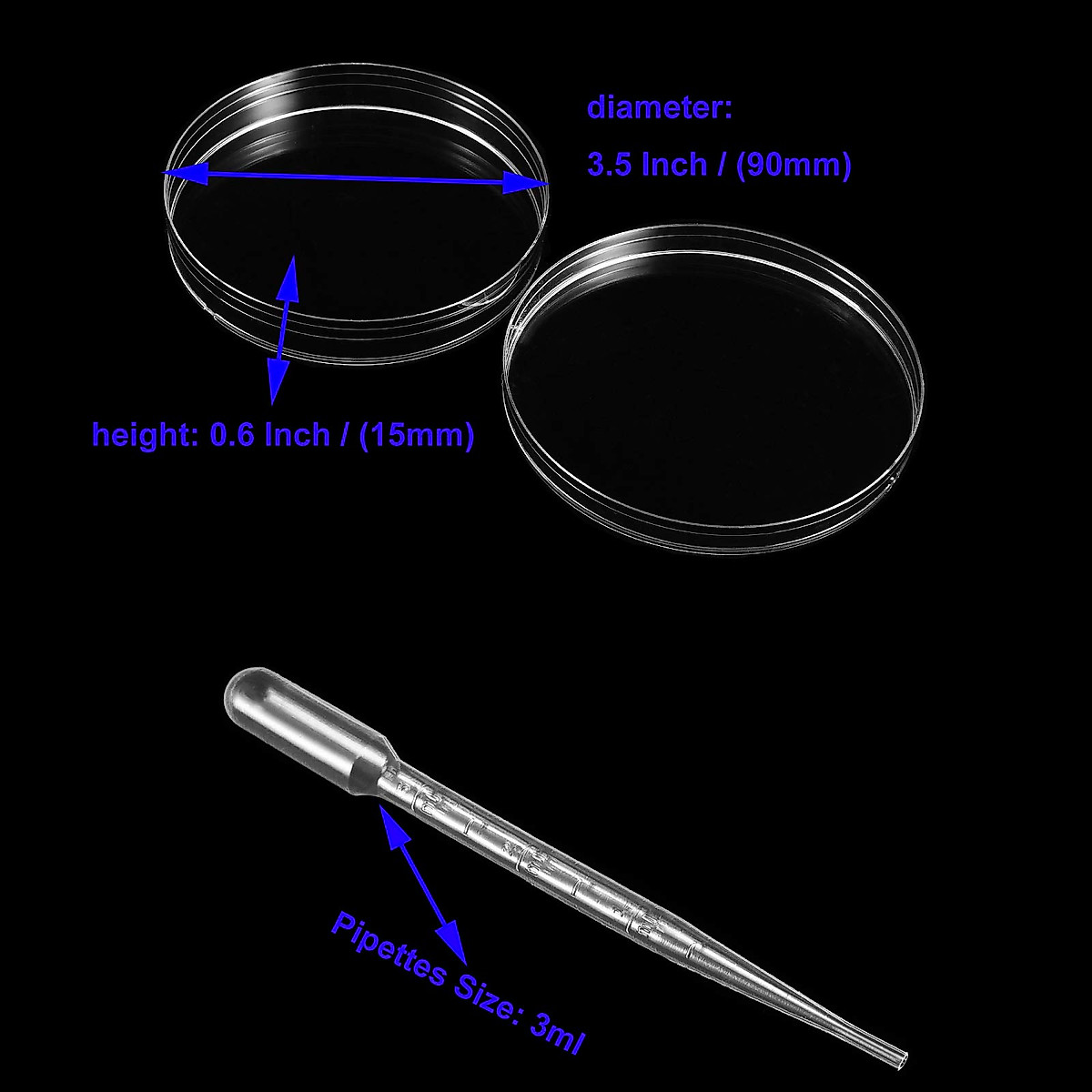 KOHAND 50 Pack Petri Dishes with Lids, 90 x 15 mm Plastic Lab Petri Dishes Agar Plates Diameter by with 100 PCs Plastic Transfer Pipettes (3ML), Science Experiment Kit for School Lab Projects