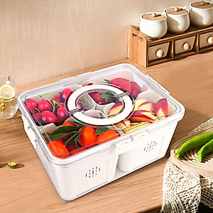 Airtight Fruit Storage Containers for Fridge: 4 Compartment Large Food Storage Container with Lids & Handle & Removable Drain Tray - Berry Fruit Vegetable Fresh Produce Saver for Travel Picnic