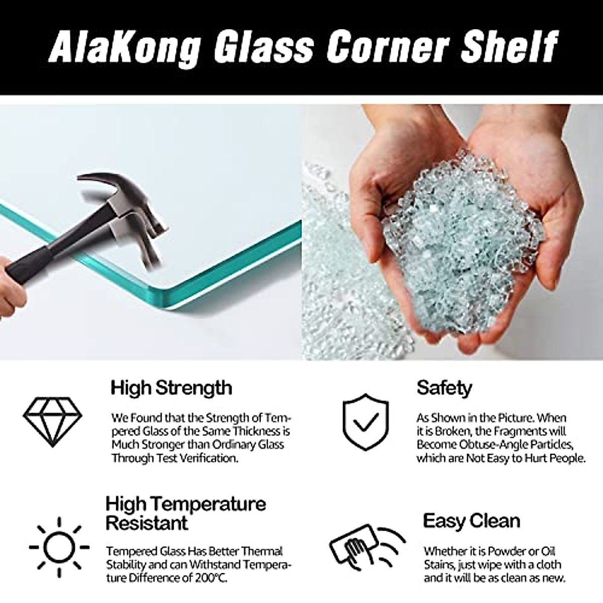 AlaKong Set of 4 Bathroom Corner Glass Shelf Tempered Glass Shelves for Shower Wall Corner Caddy Basket Triangle Wall Shower Shelf Shampoo Bottle Holder No Drilling Adhesive Wall Mount Bathroom Shelf
