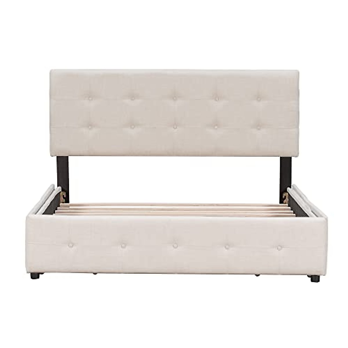 Lostcat Queen Upholstered Bed Frame with 4 Drawers,Linen Fabric Platform Storage Bed with Adjustable Button Tufted Headboard and Solid Wooden Slats Support,No Box Spring Needed,Beige