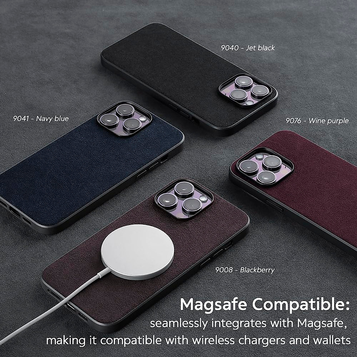 Deppa Alcantara case for iPhone 14 Pro Max (6.7') Shockproof Slim Magnetic Cover with Magsafe Wireless Charging [Genuine Italian Alcantara] Enhanced Camera Protection| (BlackBerry Black-9008)