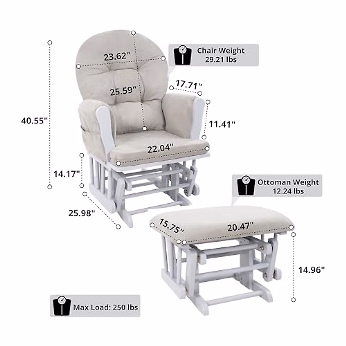 Brisbane Nursery Glider & Ottoman Sets, Glider Recliner Nursery Rocking Chair, Nursery Glider Rocker with Ottoman, Reclining Gliders & Chairs for Breastfeeding, Maternity, Napping - Light Gray