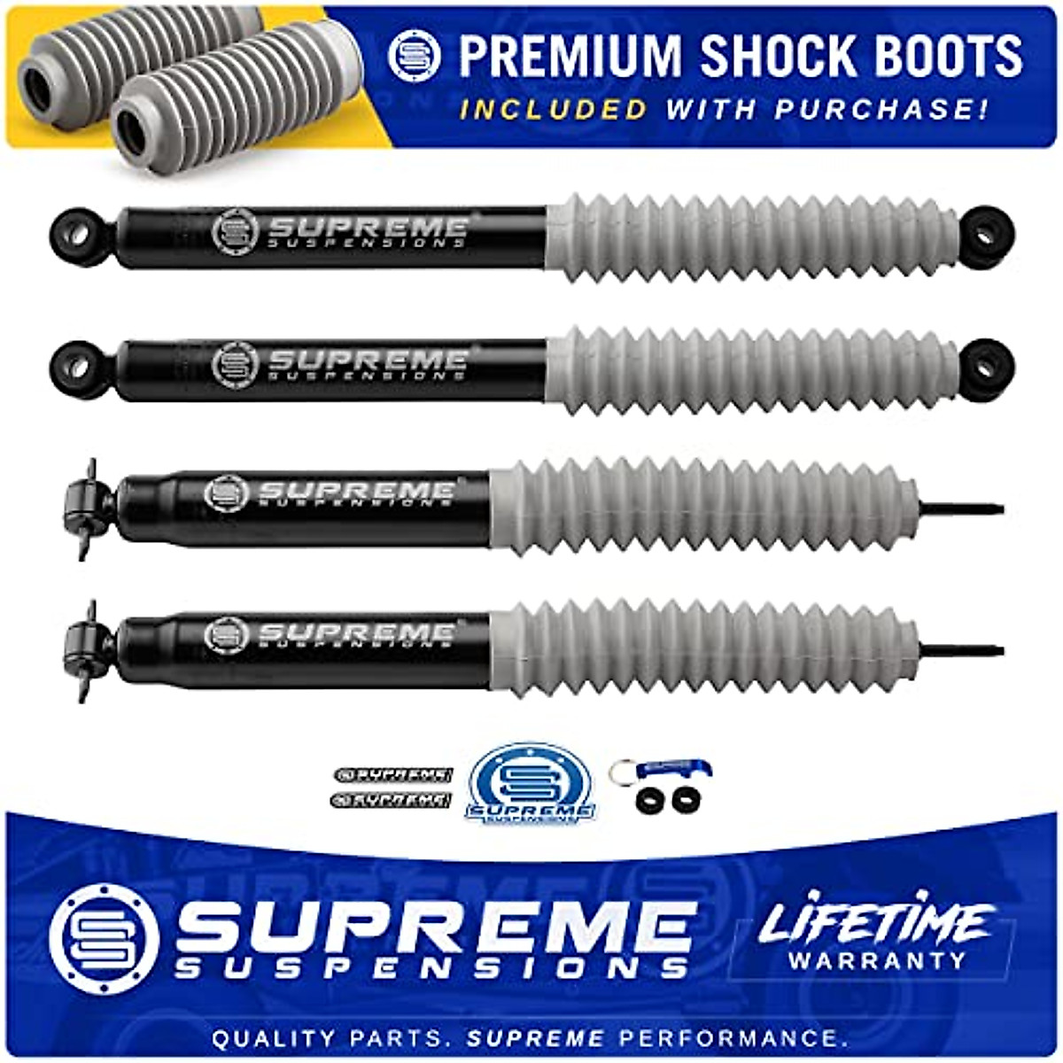 Supreme Suspensions - Front & Rear Complete Set of Shocks for 1997-2006 Jeep Wrangler TJ 2WD 4WD MAX Performance Nitro Gas-Charged Shocks with Boots - OEM Replacement for Lifted Applications