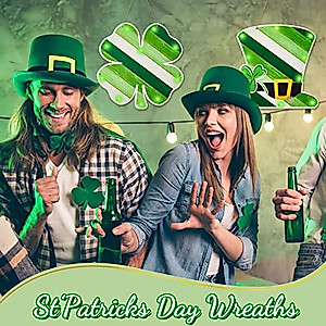 Bucherry 2 Pcs St Patricks Day Lighted Wooden Door Decorations 12" Hat Shamrock Irish Hanging Welcome Door Sign, 2 Pcs 3 ft 10 LED Fairy Lights Green Battery Operated Lights St Patricks Day Home Decor