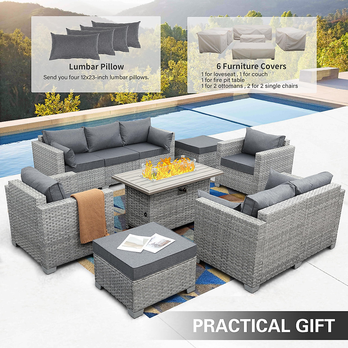 WAROOM Patio Furniture Set Gray Rattan 7 Pieces Outdoor Sectional Sofa PE Wicker Conversation Chairs with Propane Fire Pit Table and Non-Slip Thick Grey Cushion