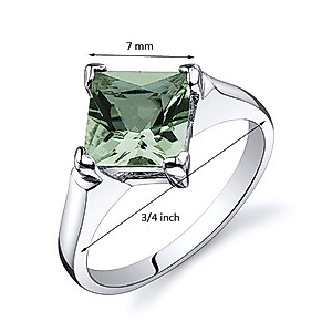 PEORA Green Amethyst Engagement Ring in Sterling Silver, Classic Designer Solitaire, Princess Cut, 7mm, 1.50 Carats, Comfort Fit, Size 6