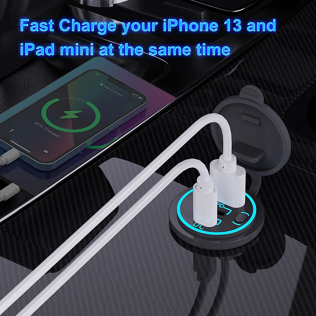 12V USB Outlet Wire USB Charger Multi Port, Dual PD3.0 USB-C and Quick Charge3.0 Car USB Port Socket with Power Switch, Fast Charge for iPhone iPad Android Phones, Suitable for Car Boat RV Marine ATV