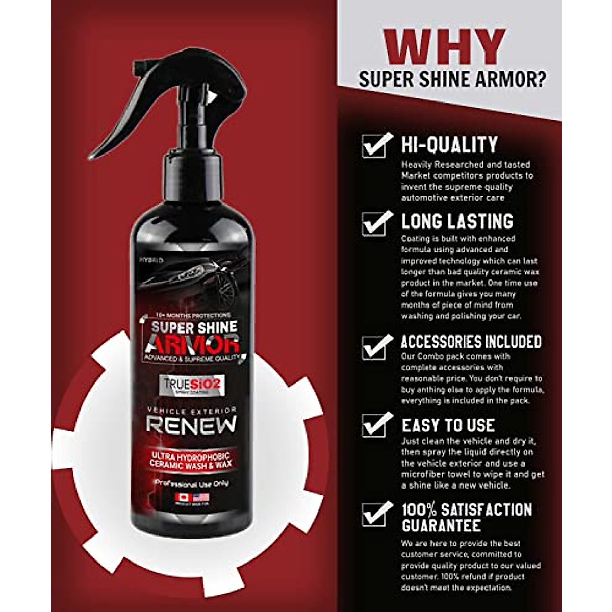 Super Shine Armor Supreme Quality Waterless Wash and Wax Ceramic Coating with Accessories - Clean Vehicle Exterior, Shine, and Protect from Rusting and Scratches with Long Lasting Hydrophobic Effect