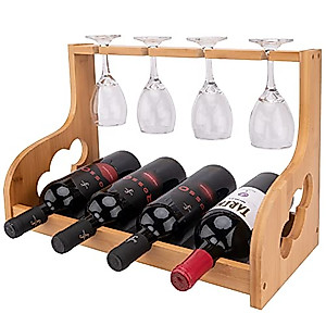 LEIMO KPARTS Wine Racks countertop with Glass Holder, Bamboo Tabletop Wine Rack, Counter top Bottle Wine Rack Shelf, Freestanding Wine Rack Hold 4 Bottles and 4 Glasses