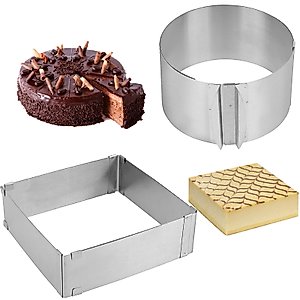 ZOENHOU 2 Pack 6-12 Inch Cake Mold Ring, Stainless Steel Mold Cake Baking Adjustable Mousse Cake Ring Mould Tools, with scaling for Kitchen DIY Pastry, Square and Round
