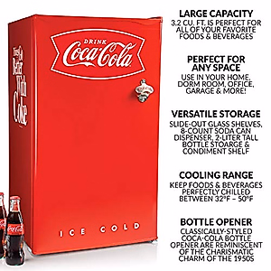 Nostalgia Coca-Cola CRF32CK 3.2 Cu. Ft. Refrigerator With Freezer Adjustable Temperature Cools as low as 32 Degrees, Bottle Opener, Ice Cube Tray, Scraper Included, Red