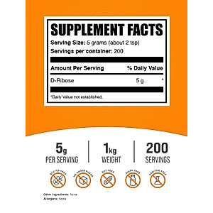 BulkSupplements.com D-Ribose Powder - D-Ribose Supplement, for Energy Support - Unflavored & Gluten Free, 5g per Serving, 1kg (2.2 lbs) (Pack of 1)