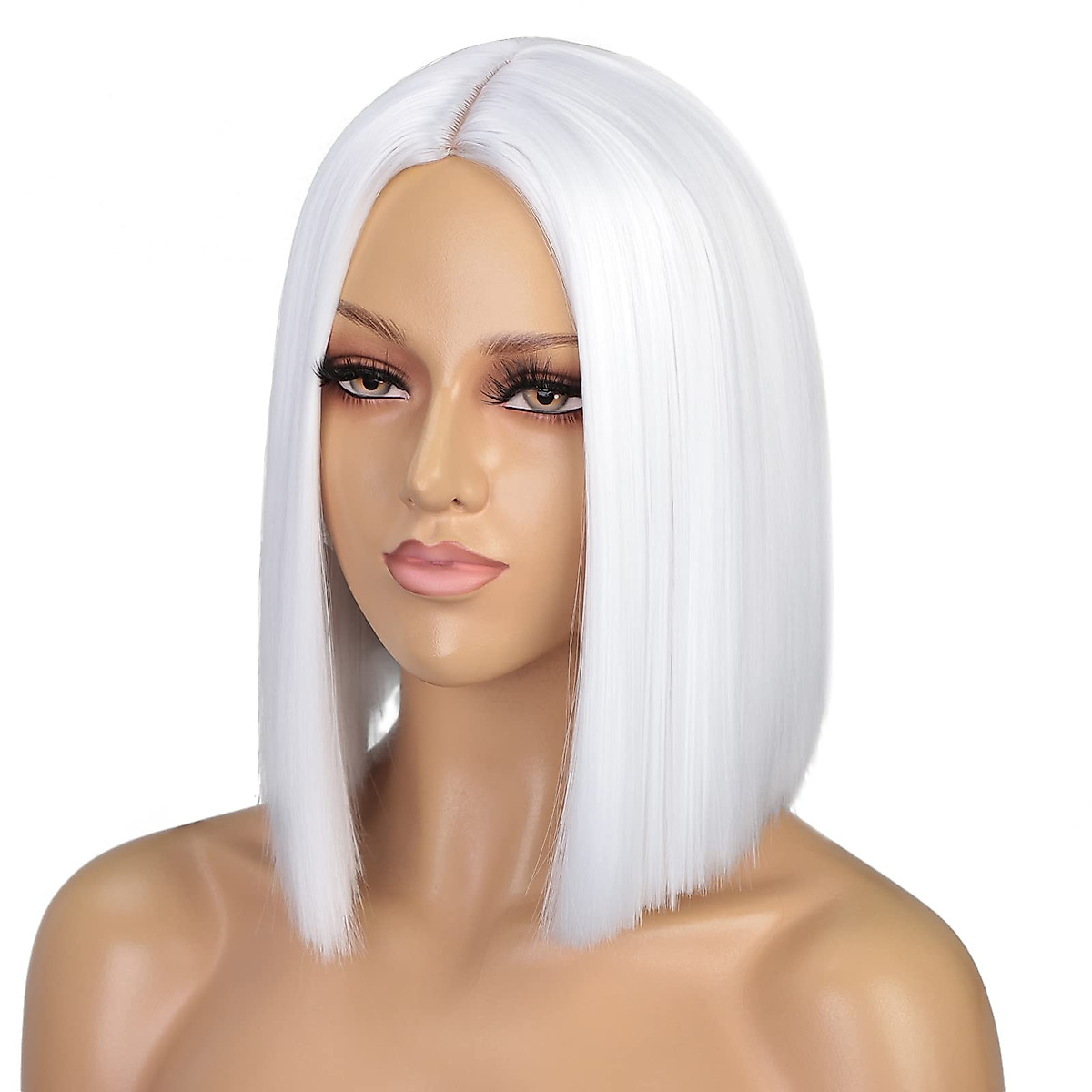ENTRANCED STYLES White Wig Short Bob Wigs for Women 12Inch Heat Resistant Middle Part Straight Synthetic Wig Party Costume Halloween Cosplay Wig