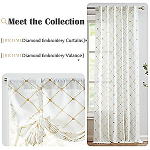 jinchan Tie Up Valance Curtain with Diamond Embroidery 45 Inch Geometric Valance Rod Pocket Adjustable Tie-up Shade Valance Window Treatments for Living Room Kitchen Light Filtering 1 Panel Gold