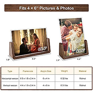 Mixoo Picture Frame 2 Pack - Rustic Wooden Photo Frames with Walnut Wood Base and High Definition Break Free Acrylic Glass Covers for Tabletop or Desktop Display (4x6 inch, Horizontal + Vertical)