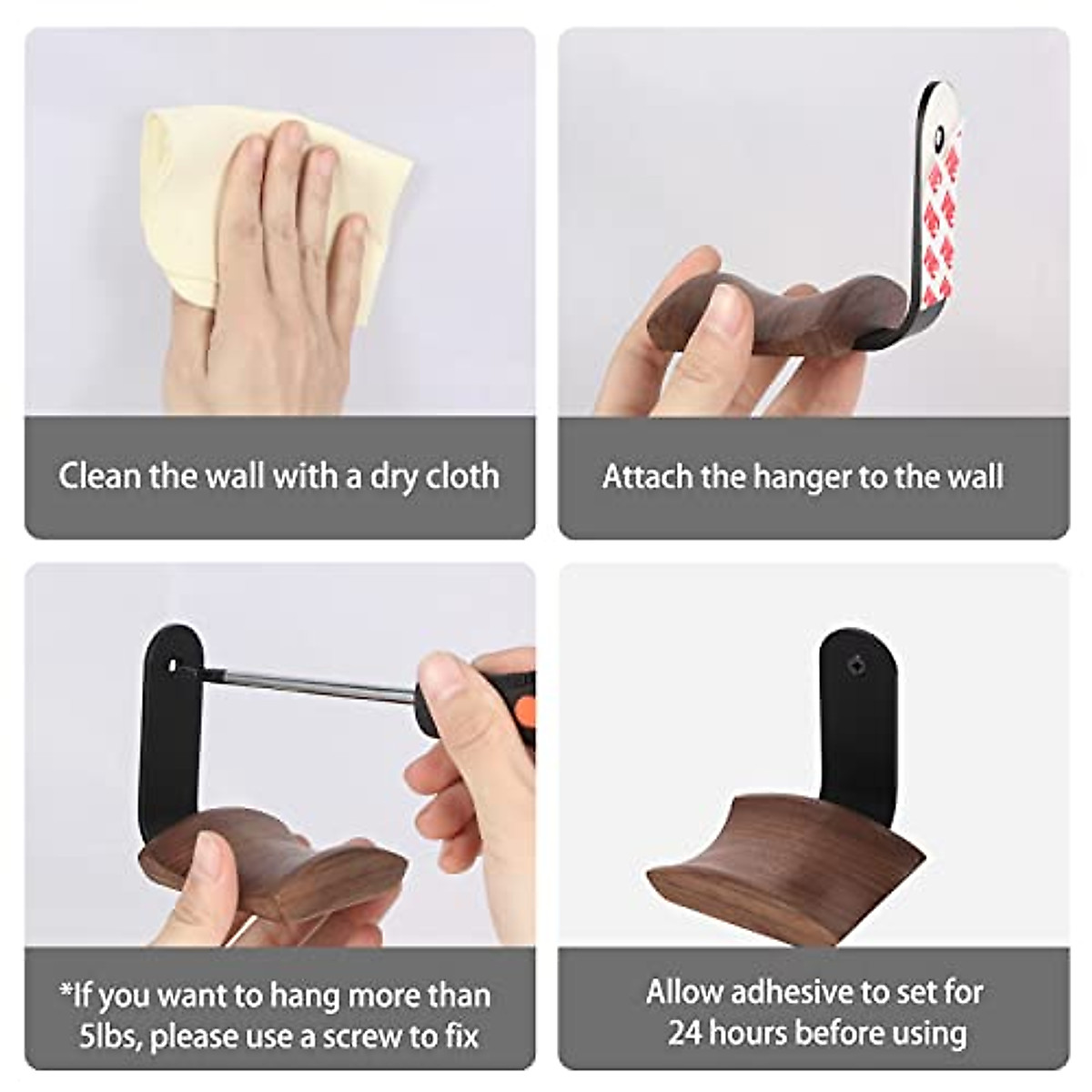 Mt.Jun Wood Headphone Wall Mount Holder, with VHB Adhesive Tape and Screw, Holds 10 lbs (Black & Walnut)