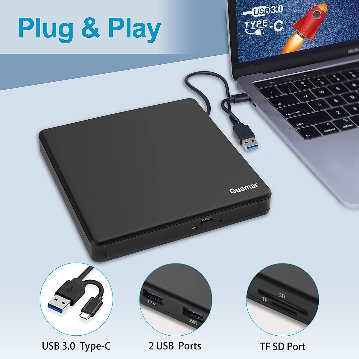 Guamar External CD/DVD Drive for Laptop, CD Burner USB C Portable DVD Player CD ROM Disk Reader with SD TF Slot 2 USB Ports, Optical Disc Drive for PC Mac MacBook Windows Linux