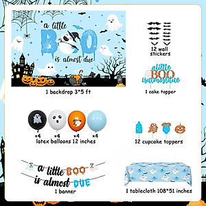 Balterever A Little Boo is Almost Due Baby Shower Decor Blue Orange Halloween Baby Shower Decors for Boys with Halloween Baby Shower Backdrop Cake Topper Spider Wall Sticker for Little Boo Party Decor