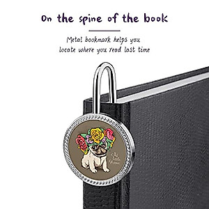 Exquisite Personalized Silver Metal Bookmark with Customized Pattern,Durable Creative Stainless Steel Book Marker as Gift for Kids Teens Adult Hippie Pug Puppy Dog in Floral Head Wreath