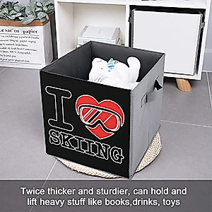 I Love Skiing Foldable Storage Bins Printd Fabric Cube Baskets Boxes with Handles for Clothes Toys, 11x11x11