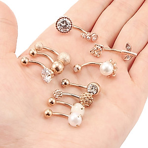 Vsnnsns 14G Belly Button Rings Flower Belly Rings for Women Stainless Steel Opal Belly Piercing Jewelry Surgical Steel Belly Button Rings Curved Navel Ring Barbell CZ Body Jewelry Piercing Rose Gold